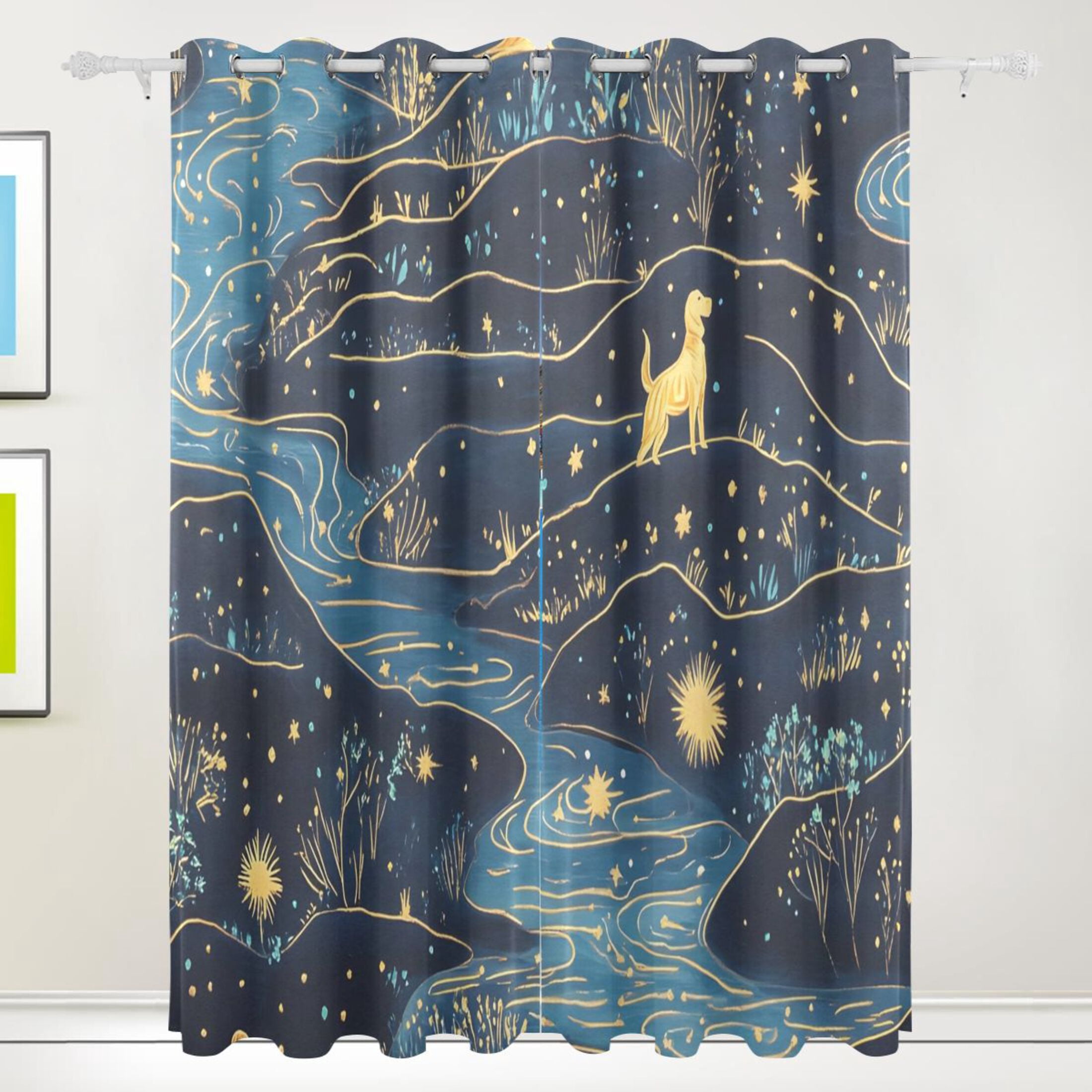 Blue Starry Golden Retrievers Blackout Curtains 55W x 84L Living Room ...