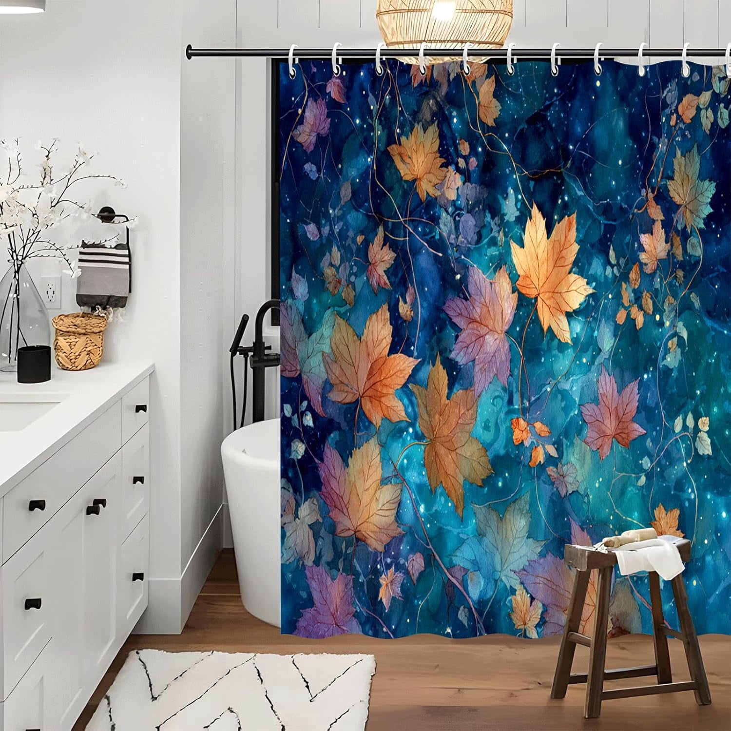 Blue Starry Maple Leaves 3D Shower Curtains,Abstract Plants Printed ...