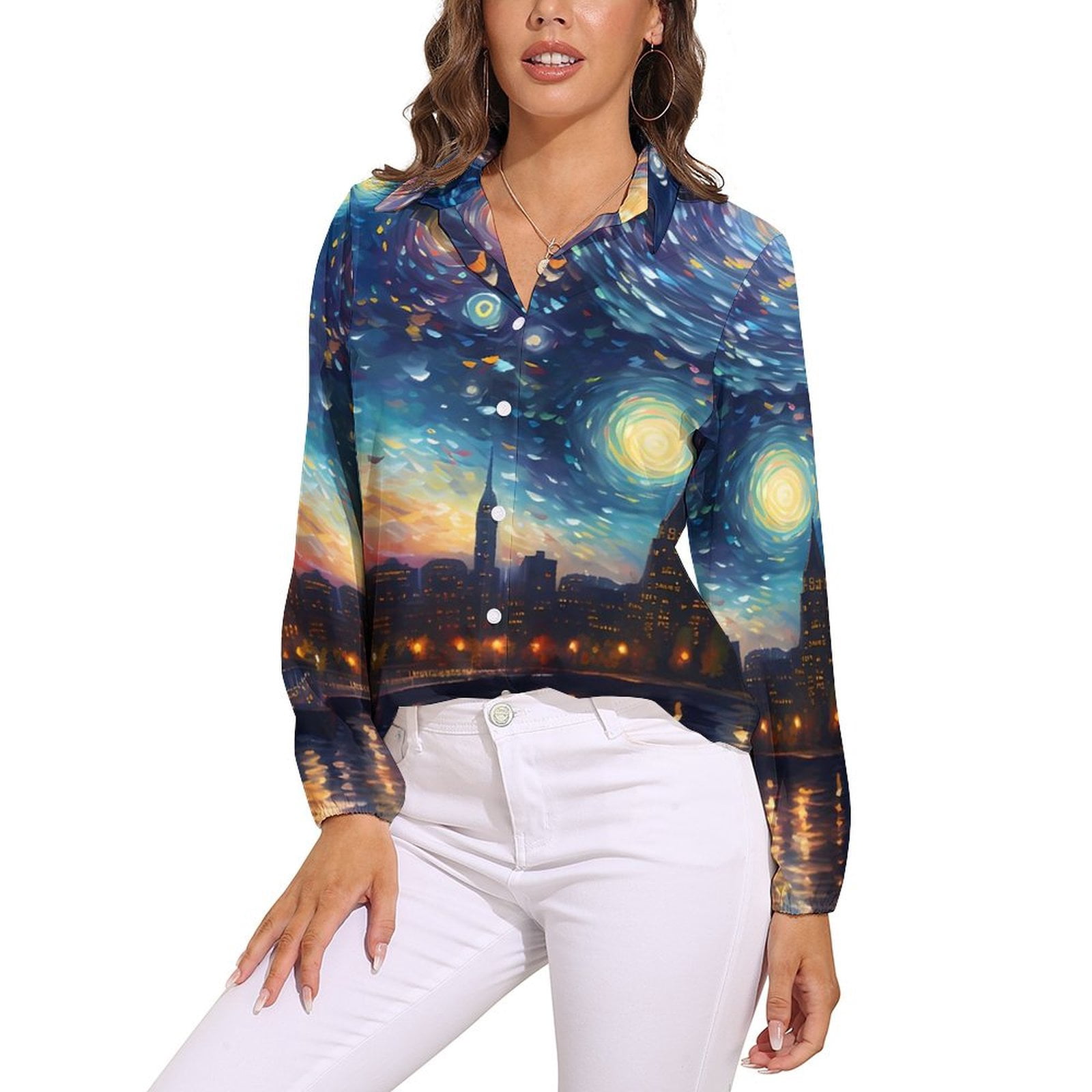 Blue Starry Night Blouse Women Funny Famous Painting Casual Loose ...