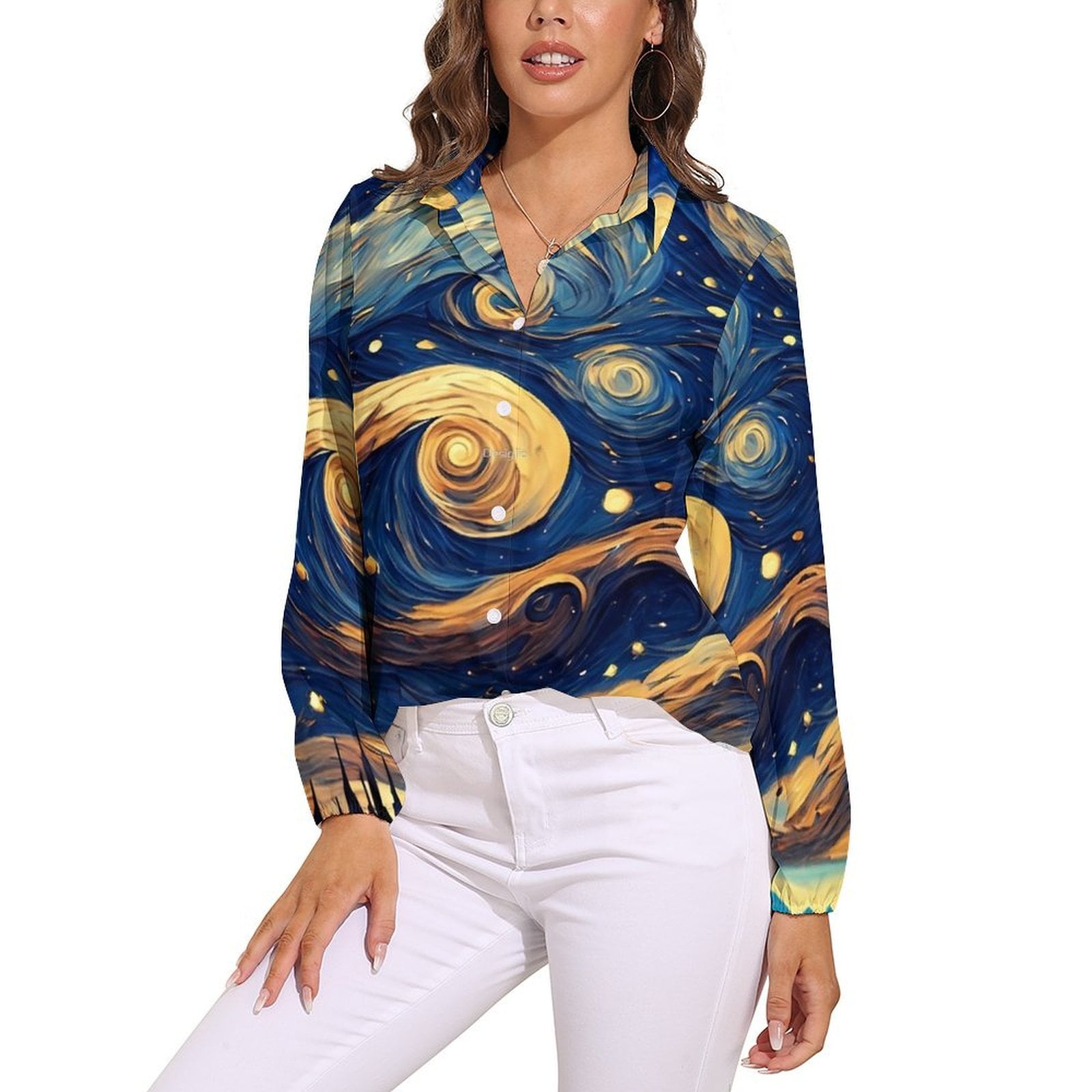 Blue Starry Night Blouse Women Funny Famous Painting Casual Loose ...