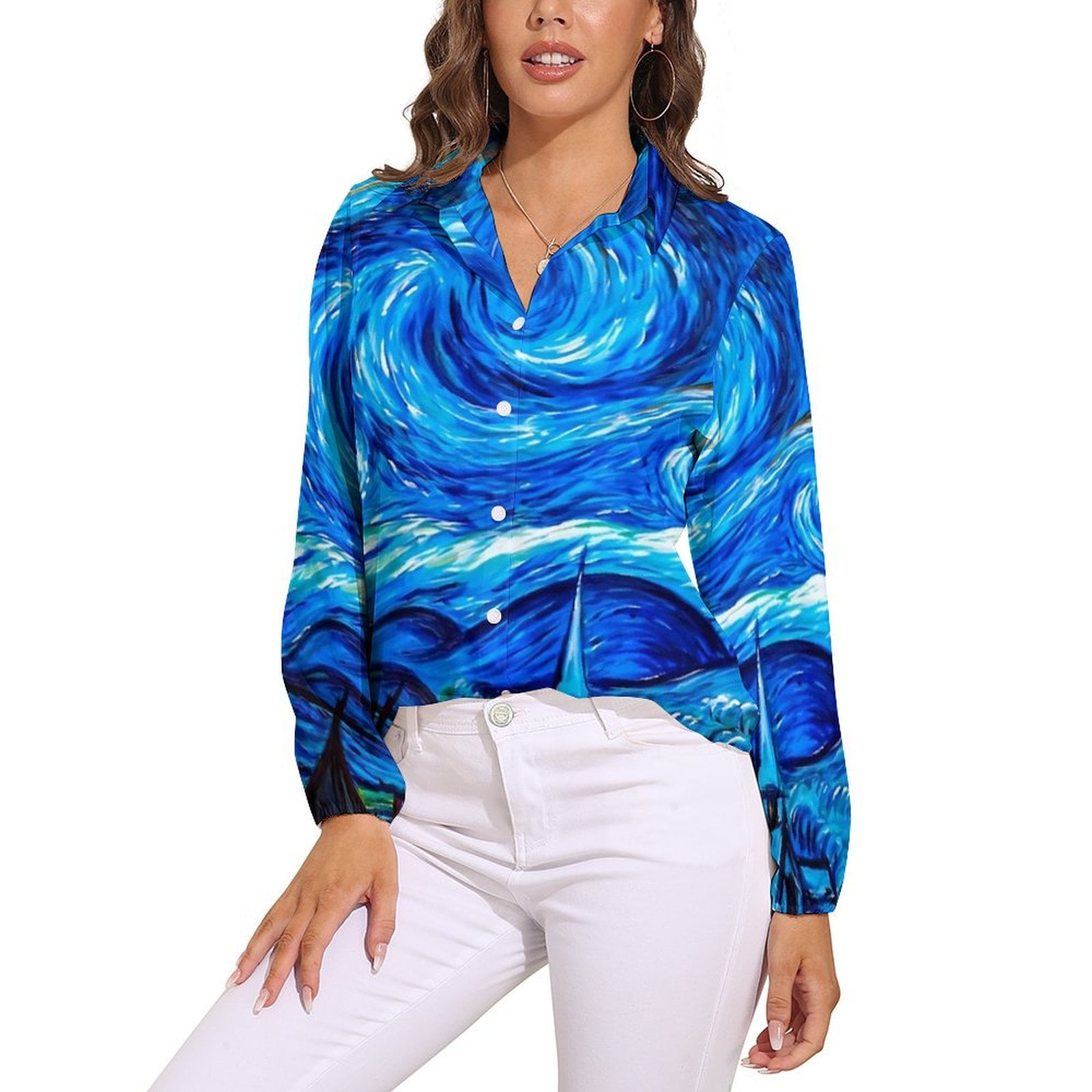 Blue Starry Night Blouse Women Funny Famous Painting Casual Loose ...
