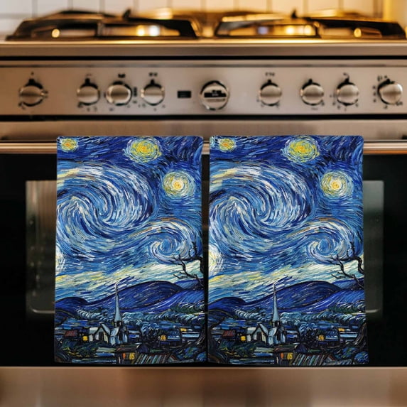 Blue Starry Night Kitchen Towels Set of 2, Abstract Star Sky House Tree ...