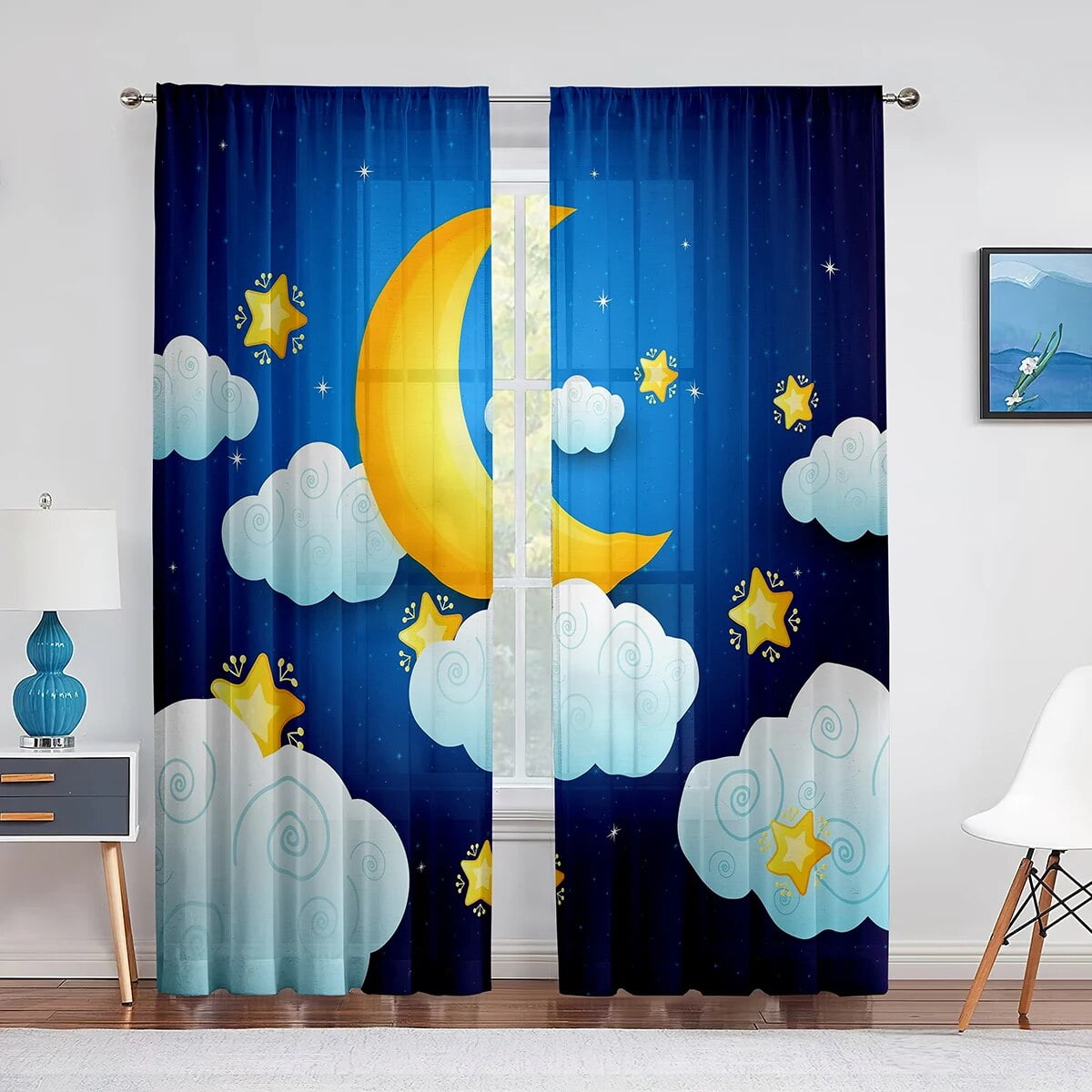 Blue Starry Night with Stars Moon Clouds Tulle Curtains for Living Room ...