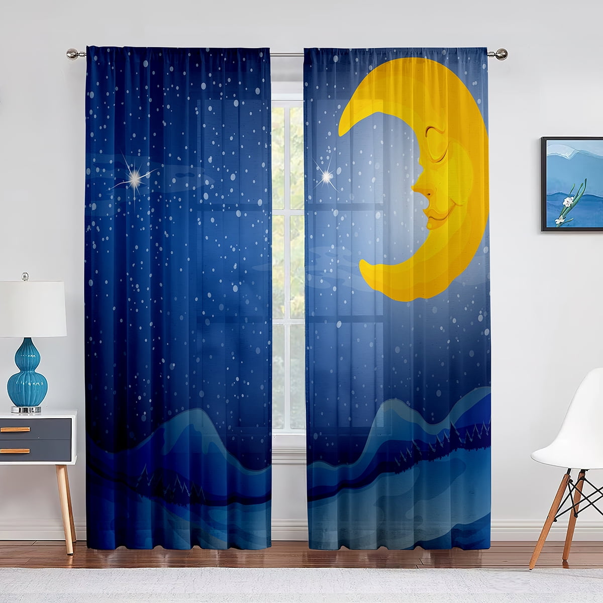 Blue Starry Night with Stars Moon Clouds Tulle Curtains for Living Room ...