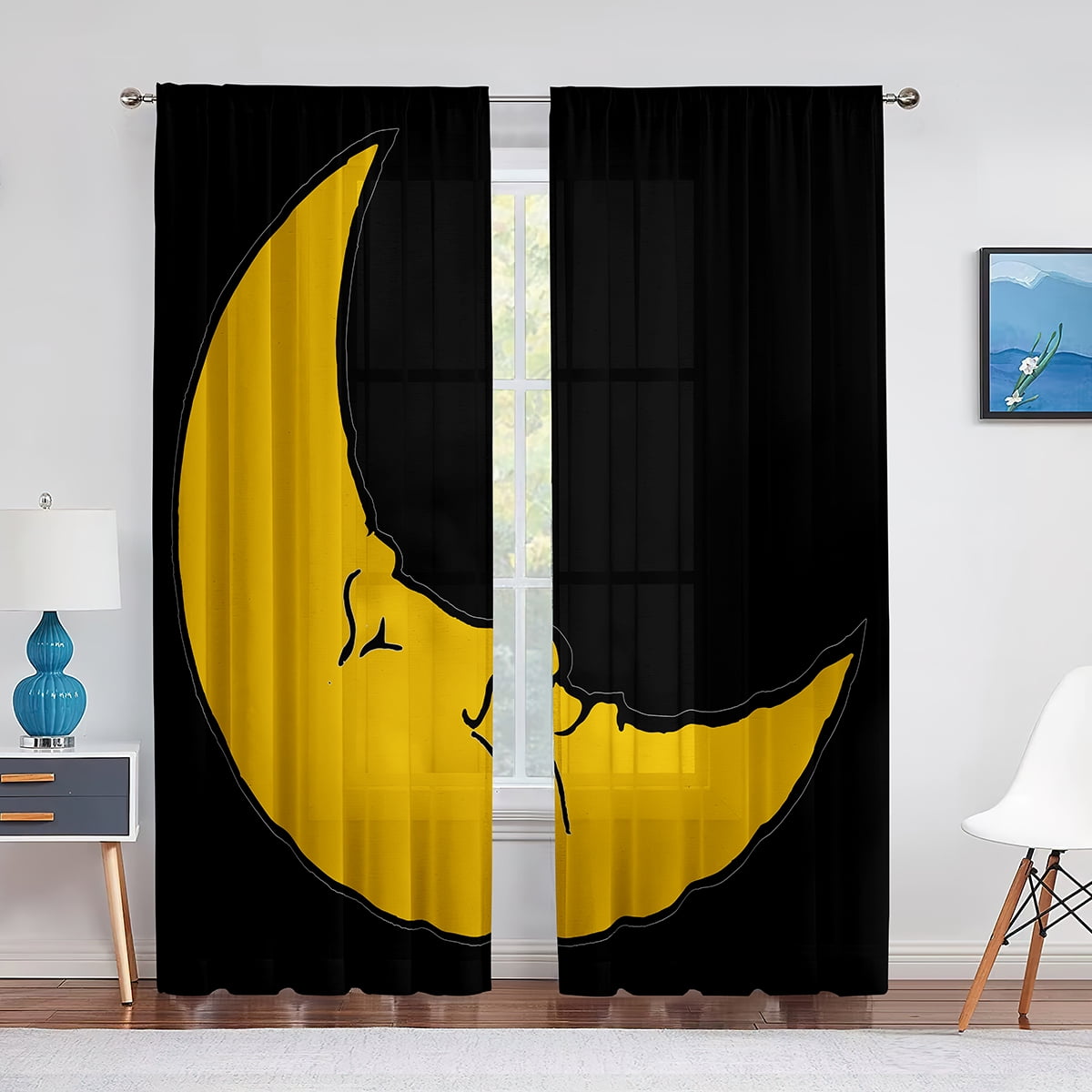 Blue Starry Night with Stars Moon Clouds Tulle Curtains for Living Room ...