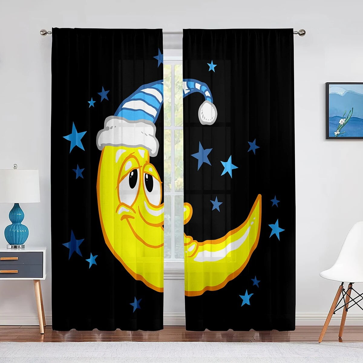 Blue Starry Night with Stars Moon Clouds Tulle Curtains for Living Room ...