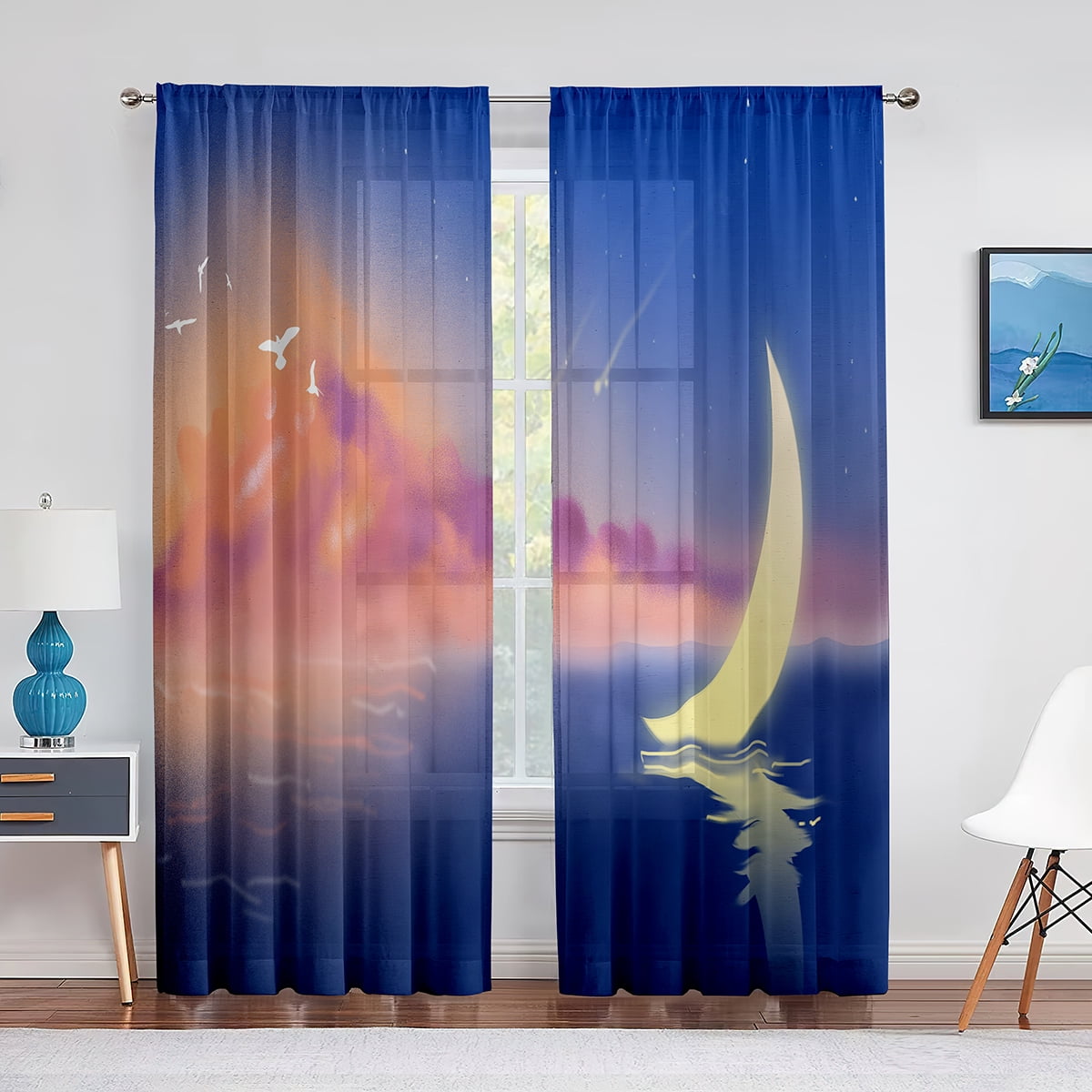 Blue Starry Night with Stars Moon Clouds Tulle Curtains for Living Room ...