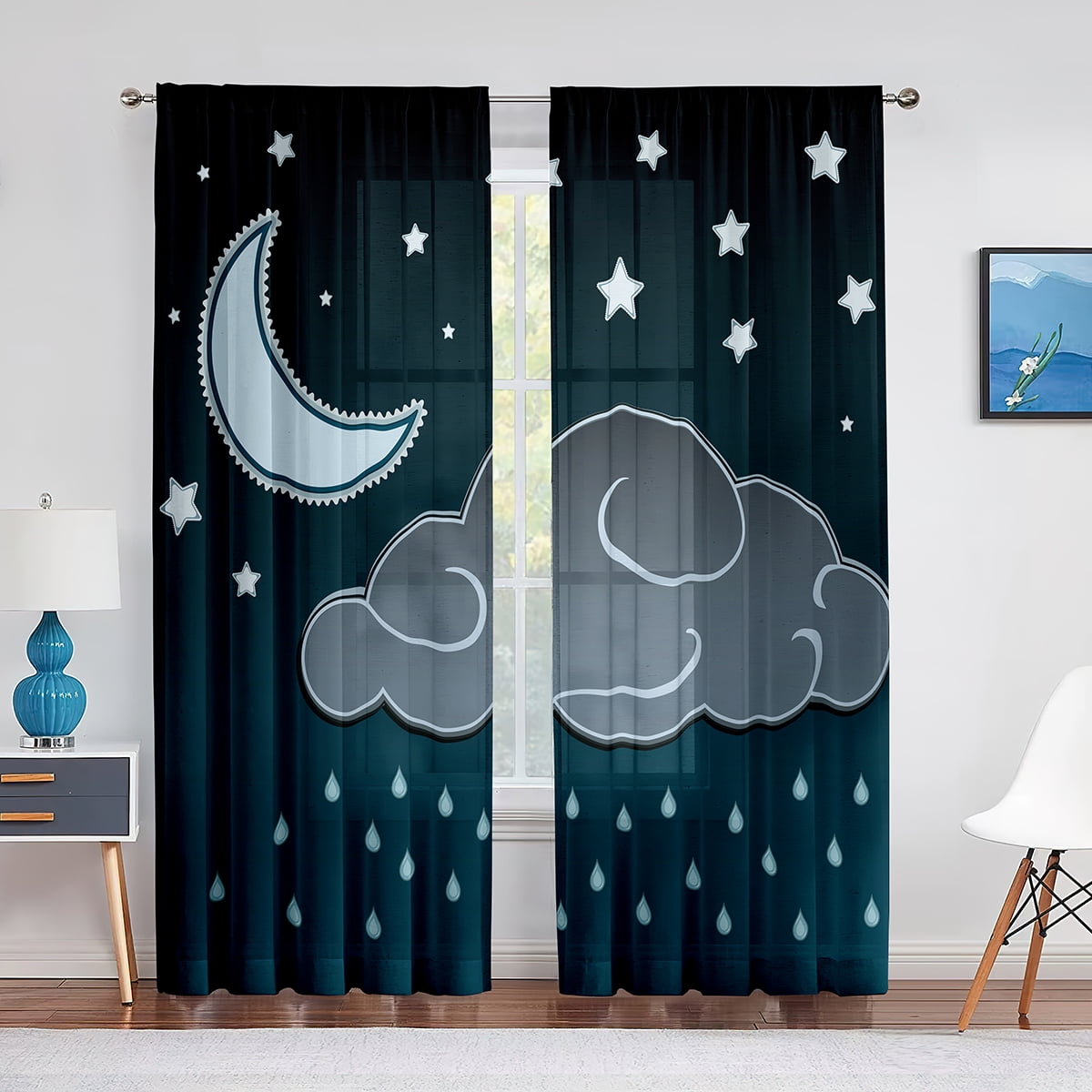 Blue Starry Night with Stars Moon Clouds Tulle Curtains for Living Room ...