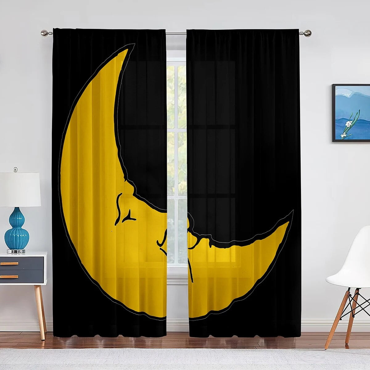 Blue Starry Night with Stars Moon Clouds Tulle Curtains for Living Room ...