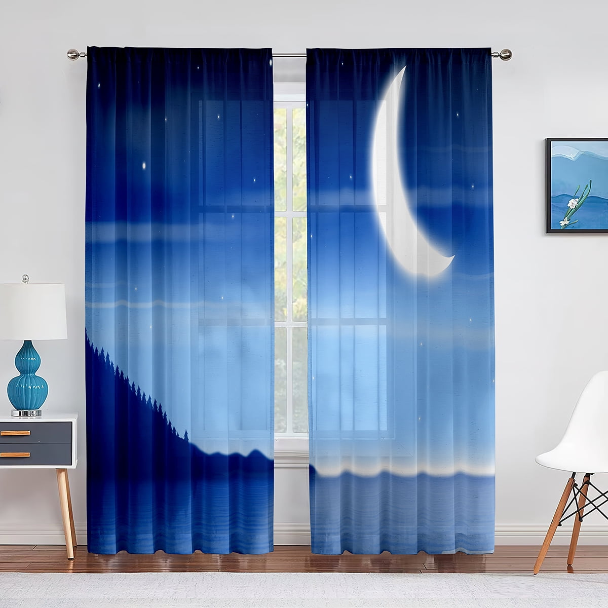 Blue Starry Night with Stars Moon Clouds Tulle Curtains for Living Room ...