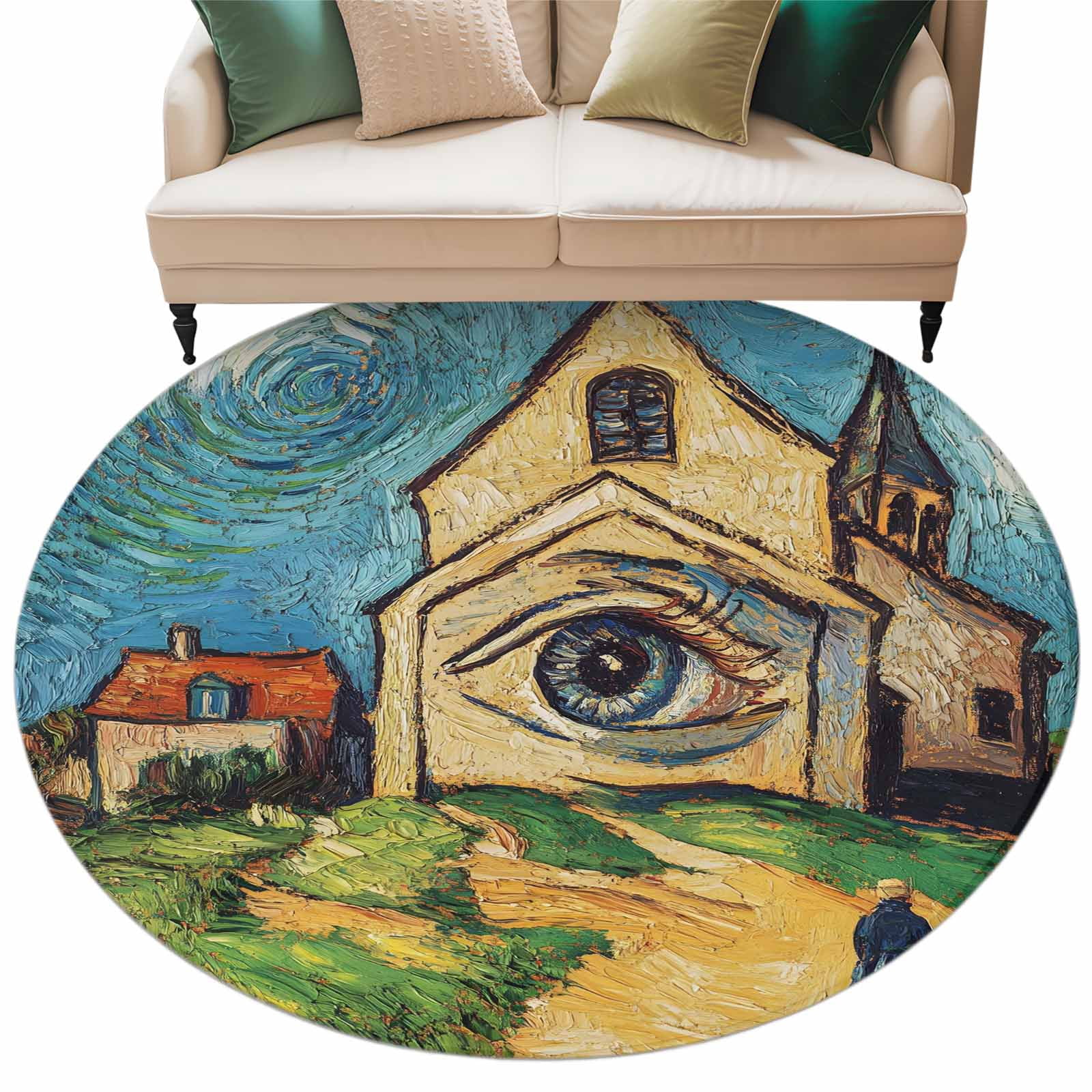 Blue Starry Round Rug 7ft Washable Circle Rugs Non Slip Modern Abstract ...