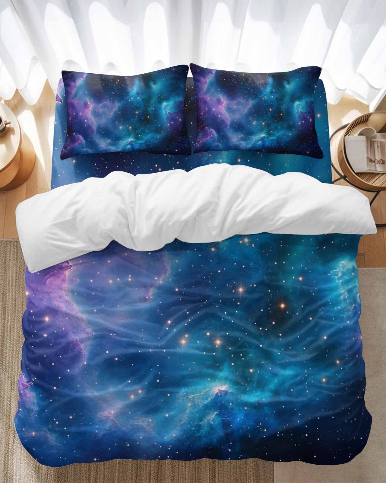 Blue Starry Sky Bedding Duvet Cover Set King Size 4 Pieces Purple Teal ...