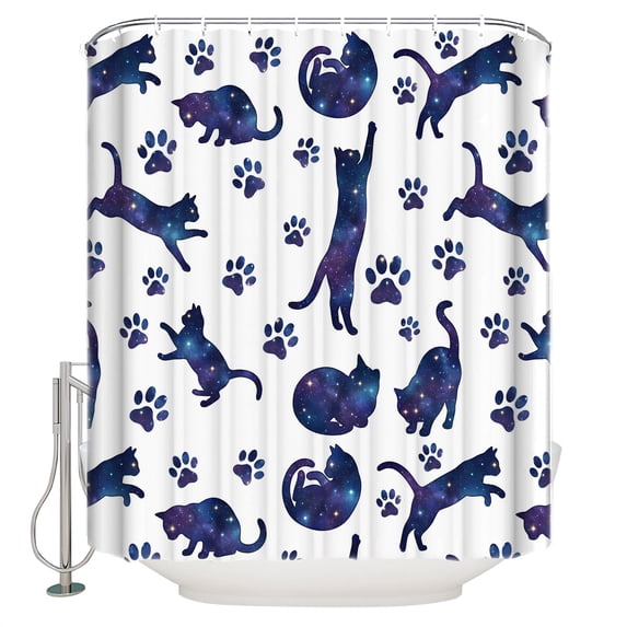 Blue Starry Sky Cat Bathroom Shower Curtains with 12 Hooks Polyester ...