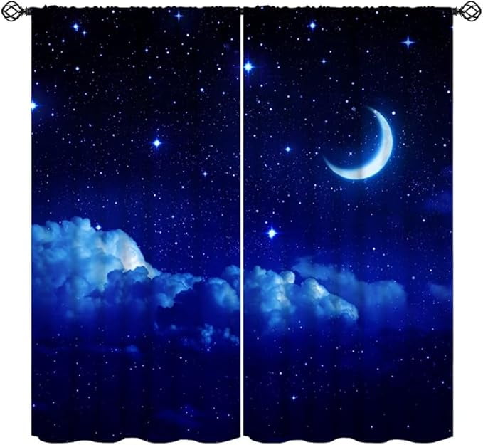 Blue Starry Sky Curtains, Fantasy Night Sky Cloud Galaxy Romantic Moon ...