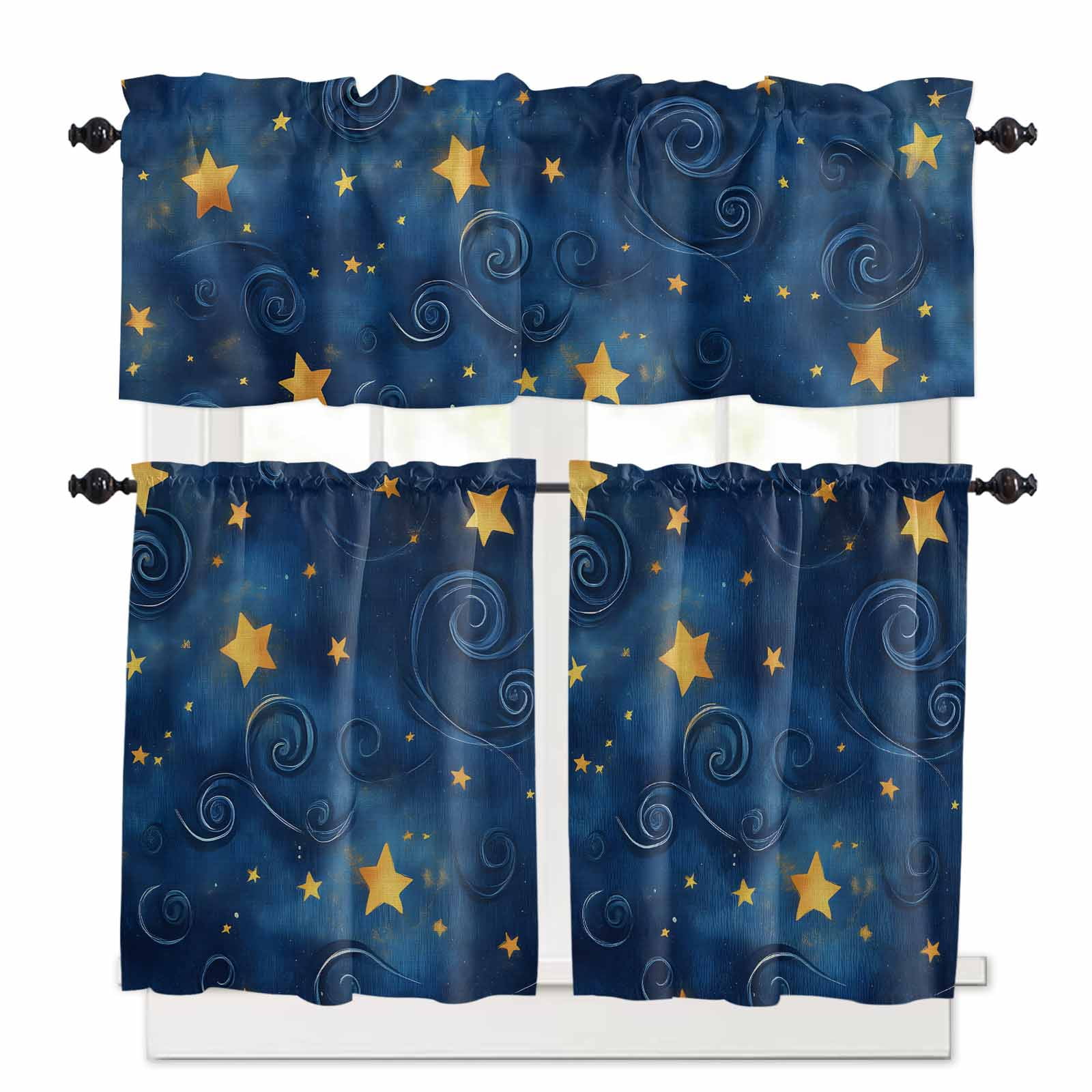 Blue Starry Sky Kitchen Curtains and Valances Set, Star Galaxy Fantasy ...