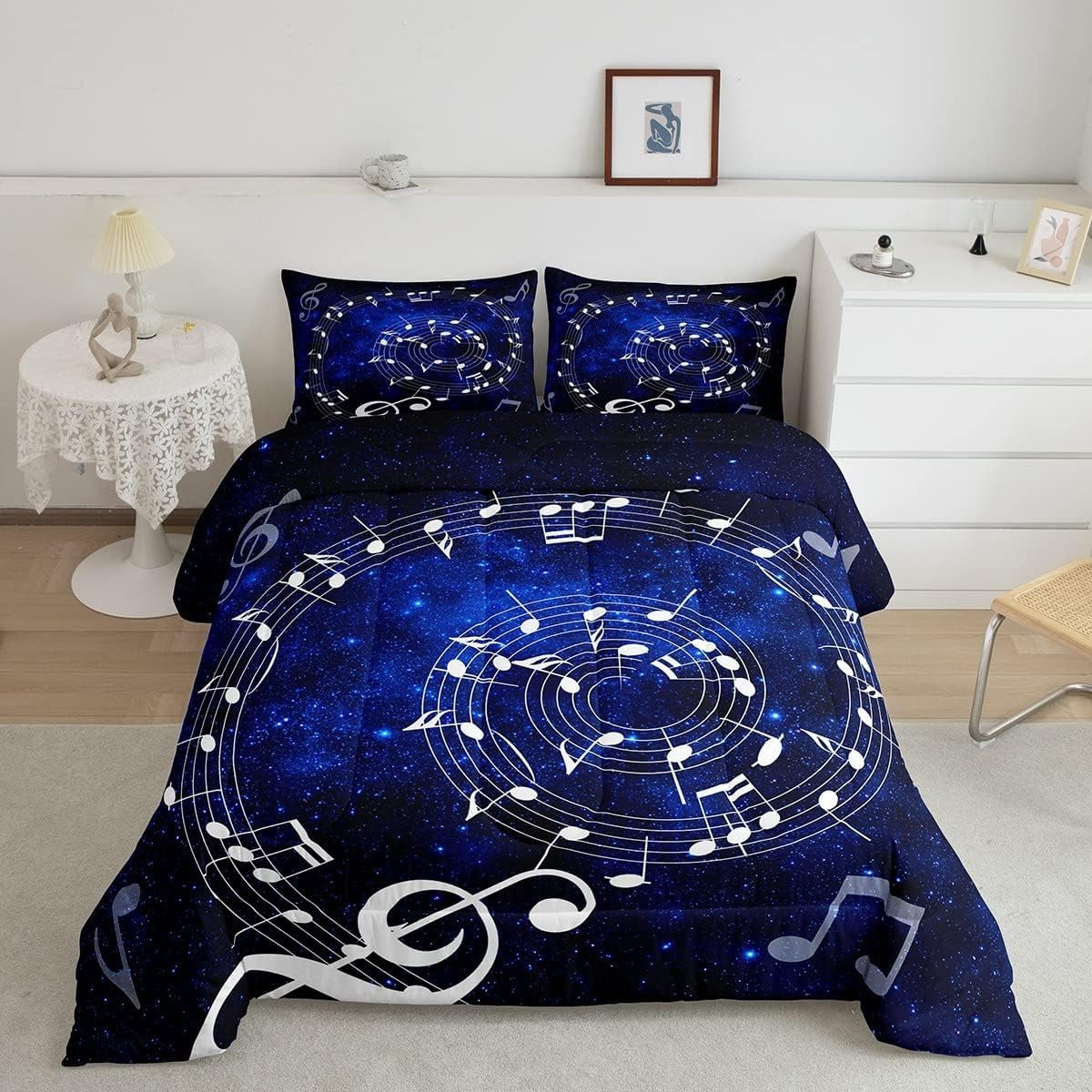 Blue Starry Sky Music Note Swirl Full Size Comforter Set, Bedding Set ...