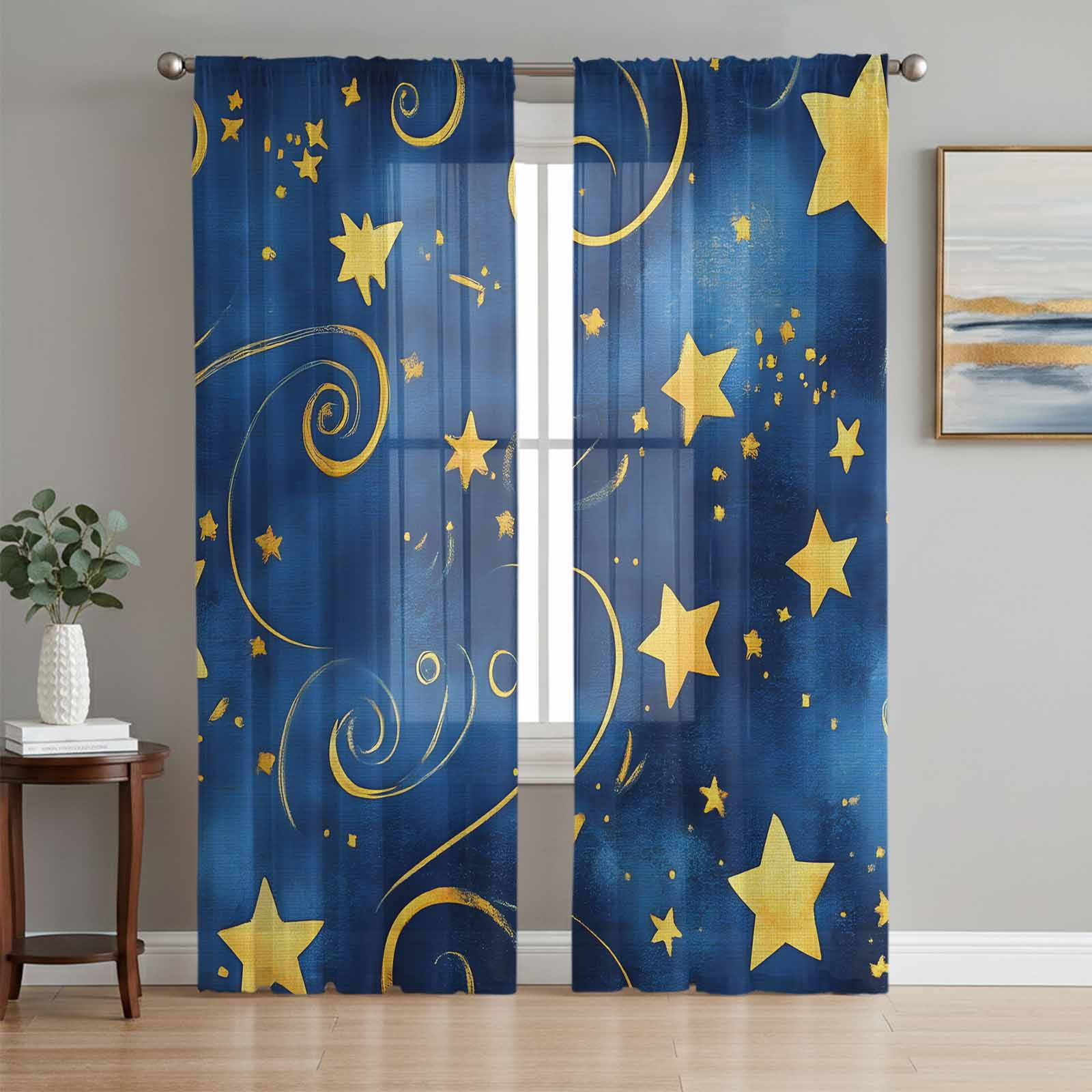 Blue Starry Sky Sheer Curtains 63 Inch Length 2 Panels Set, Yellow Star ...