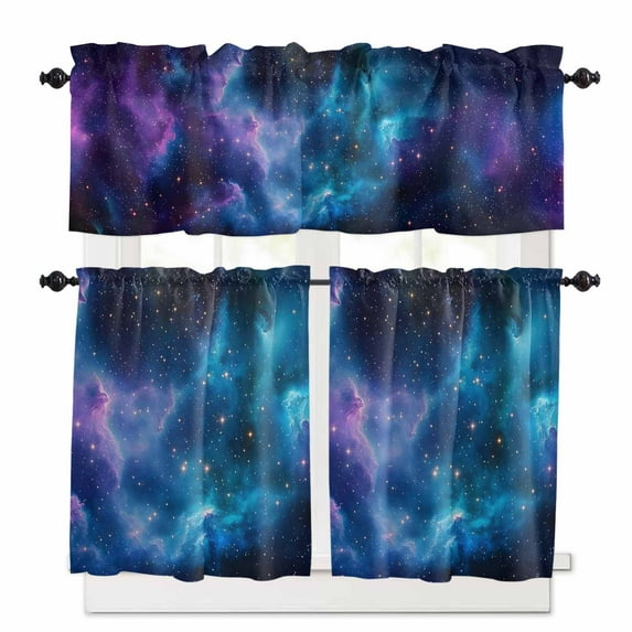 Blue Starry Sky Window Curtains Valance Set of 3 Purple Teal Universe ...