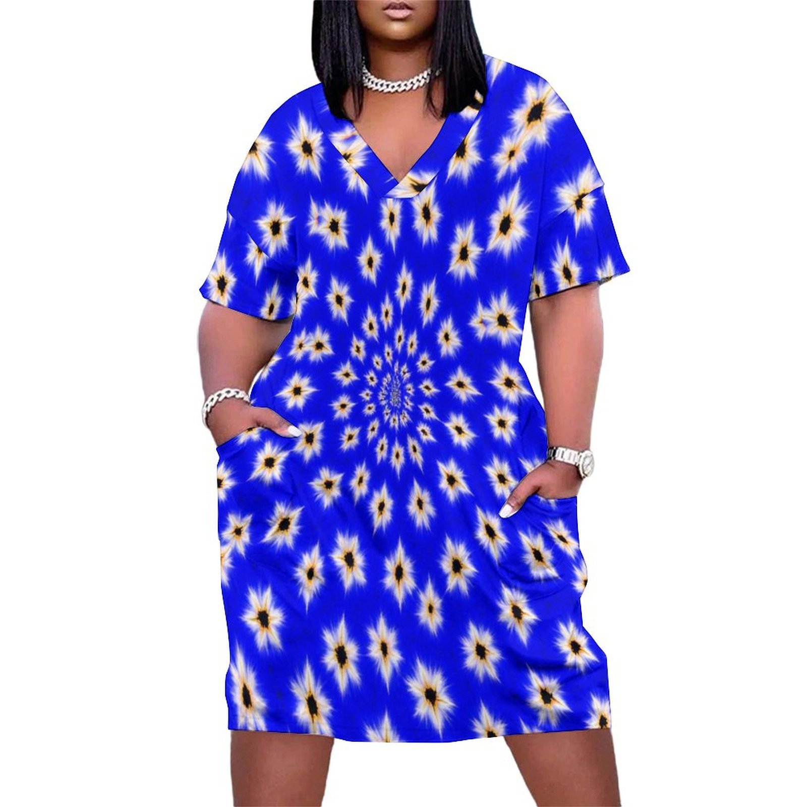 Blue Stars Burst Outwards Loose Pocket Dress Dresses Summer Summer ...