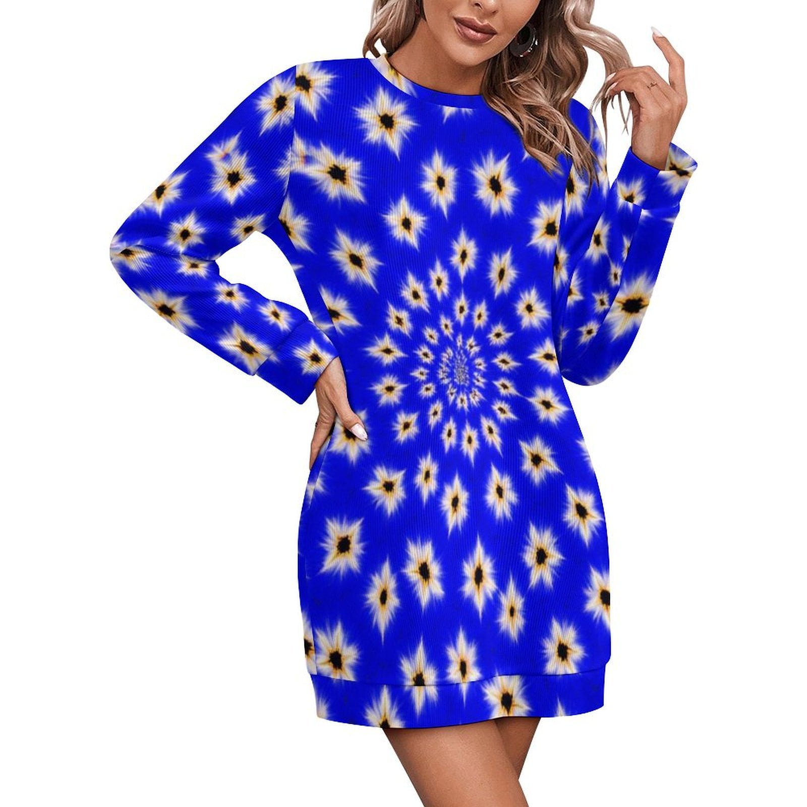 Blue Stars Burst Outwards Women Elegant Long Sleeve Warm Dress Autumn ...