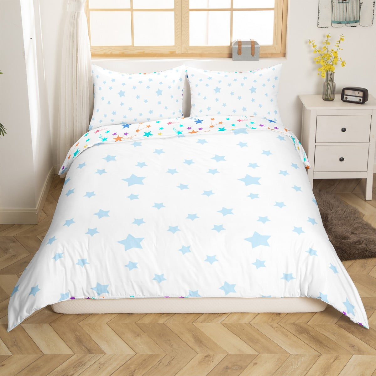 Blue Stars Kids Duvet Cover Set Twin Size,Starry Sky Cartoon Dreamy ...