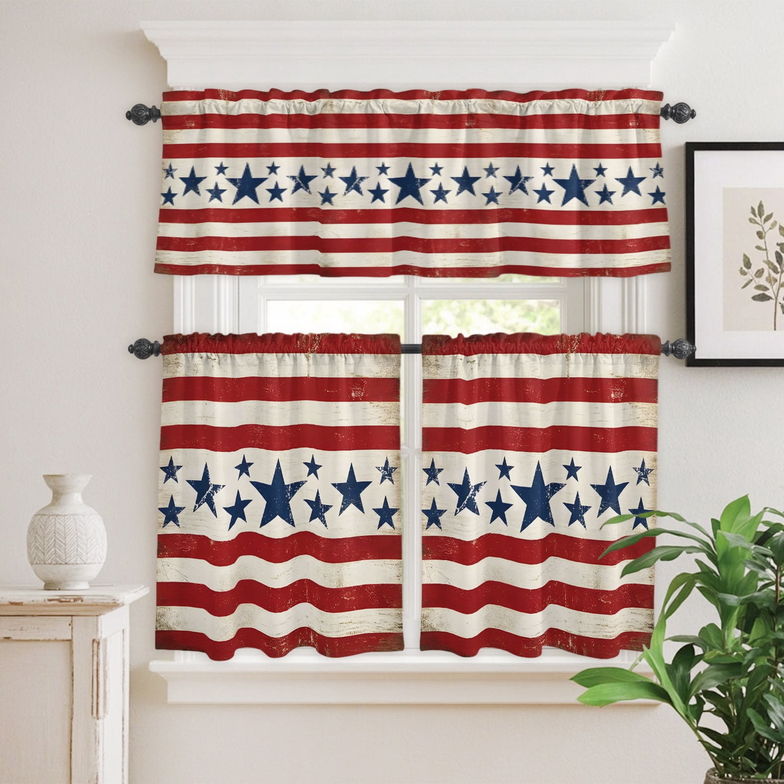 Blue Stars and Red Stripes Flag Curtain Tier and Valance Set 3 Piece ...