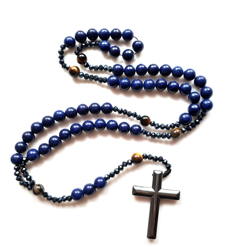 Blue Stone Cross Pendant Necklace Quality Stone Beads,Long Length ...
