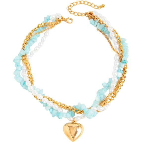 Blue Stone Wrap Heart Shaped Imitation Pearls Necklace Elegant Designs ...