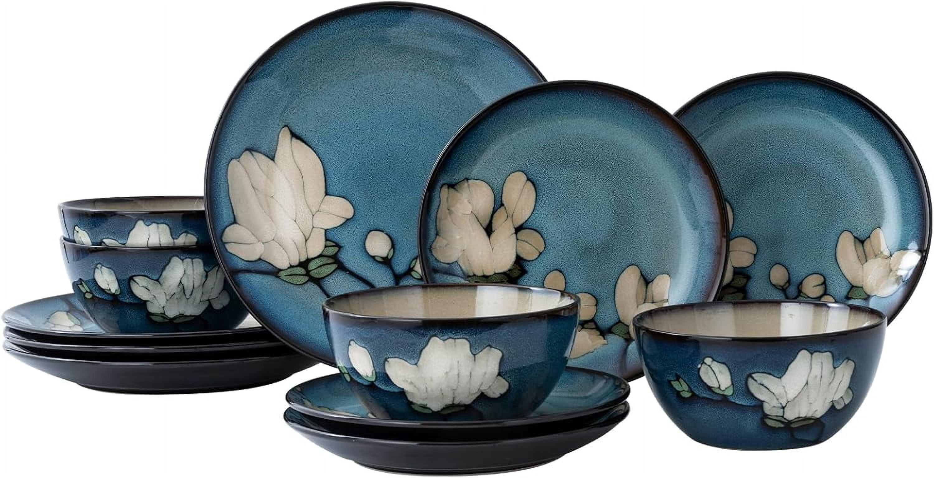 Blue Stoneware Dinnerware Set, 12 Pieces Service for 4, Plates and ...