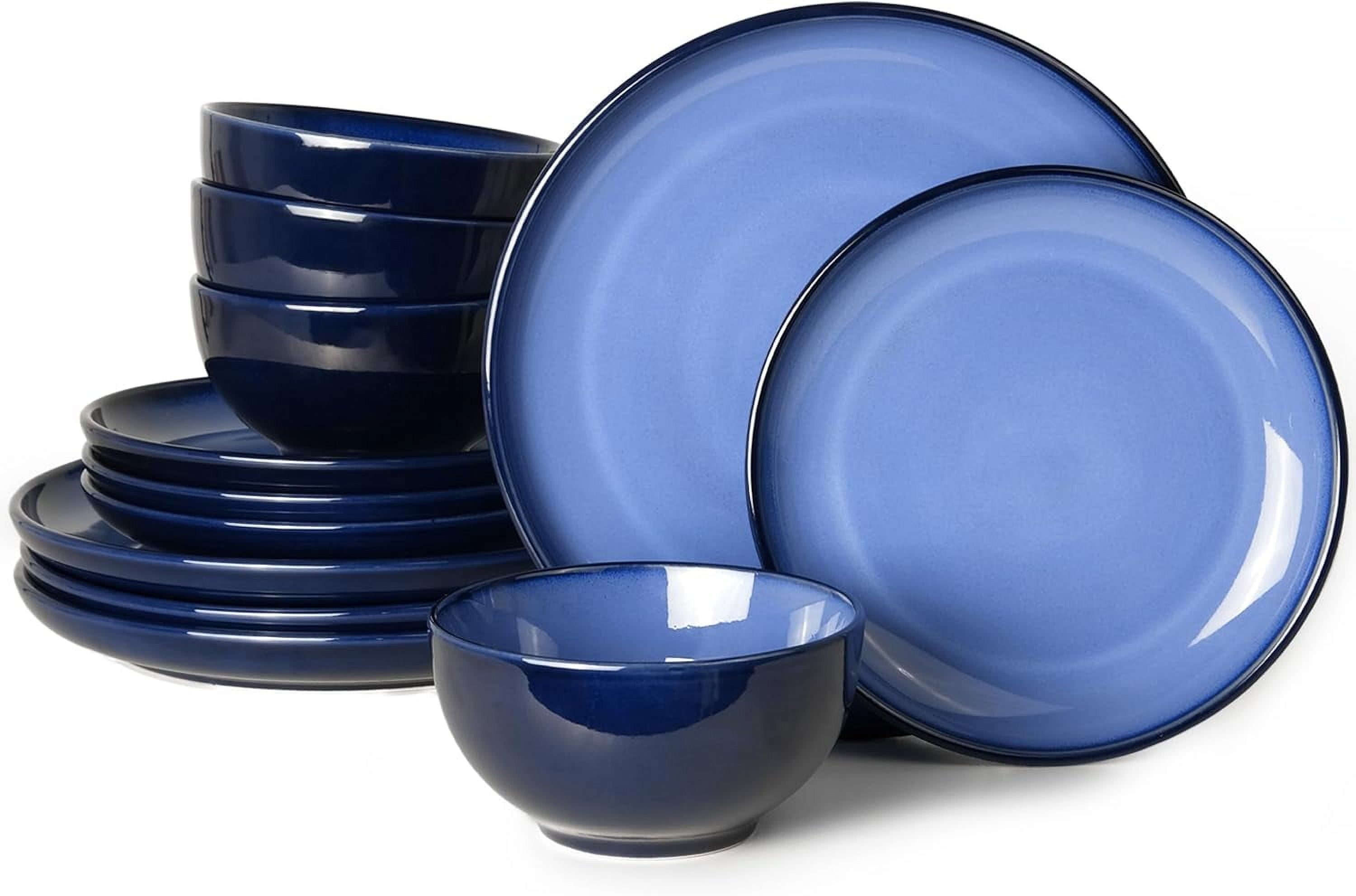 Blue Stoneware Dinnerware Set, 12 pcs Reactive Glaze Plates and Bowls ...
