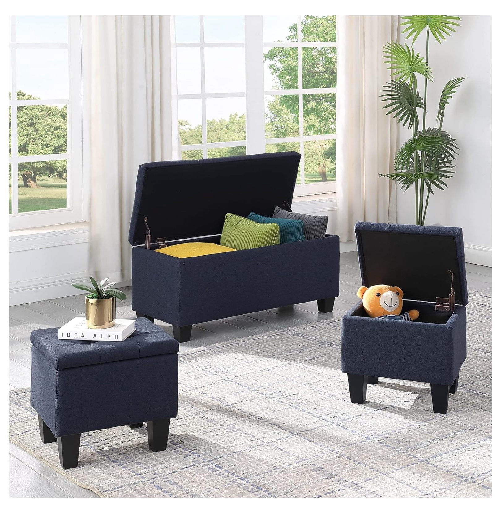 Blue Storage Ottomans Set, 38 inch Linen Fabric Storage Foam Padded for ...