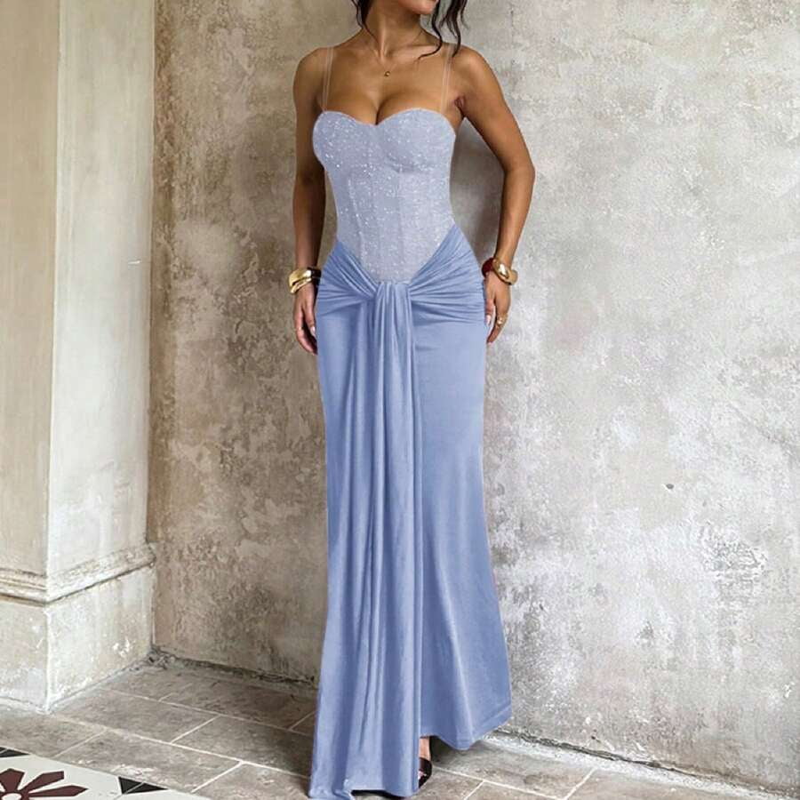 Blue Strapless Knit Twist Front Ruched Maxi Dress With Sweetheart ...