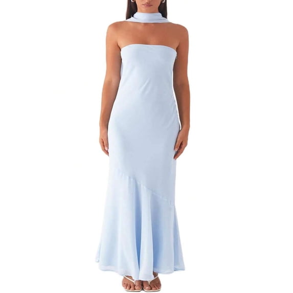 Blue Strapless Maxi Dress With High Neck Scarf Detail Flowy Sheath Long ...