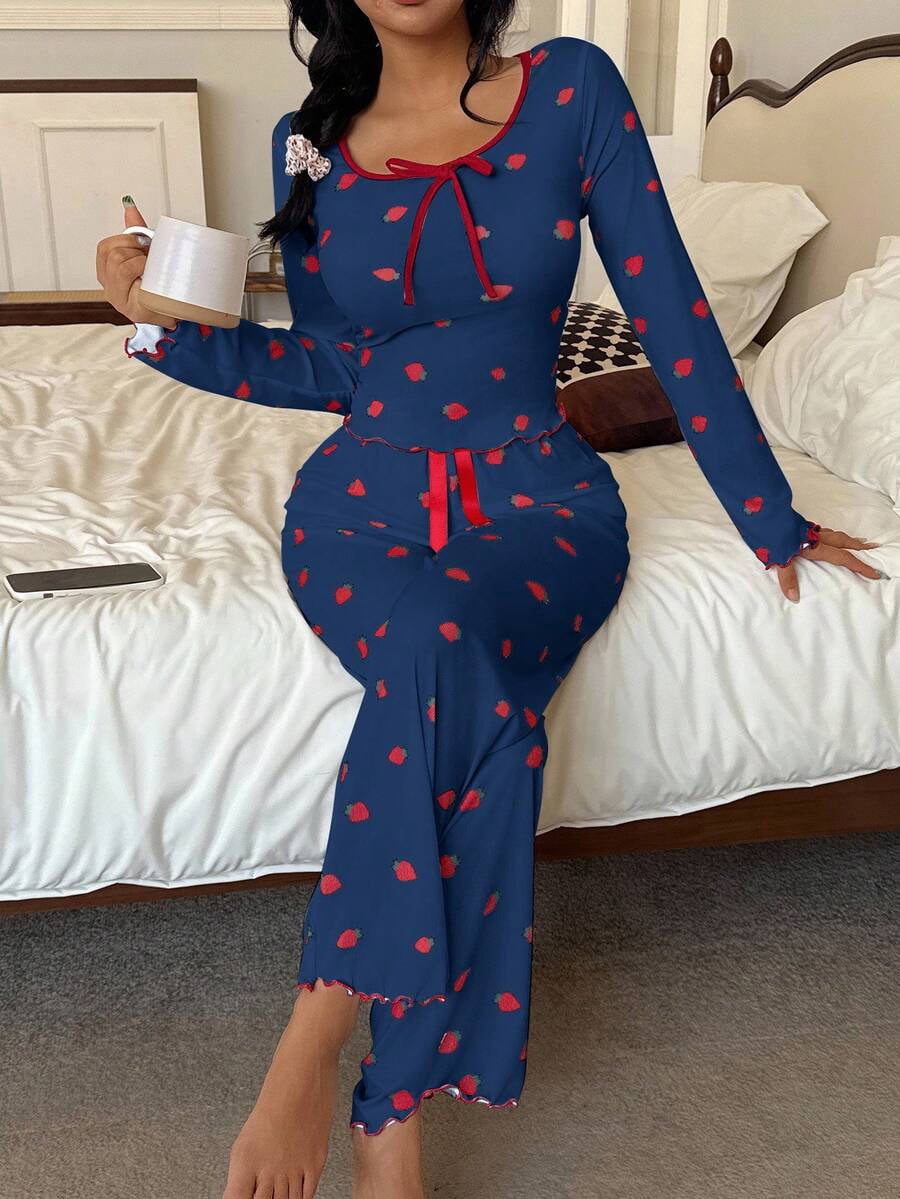 Blue Strawberry Print Long Sleeve Tie-Front Top And Flare-Leg Pants ...