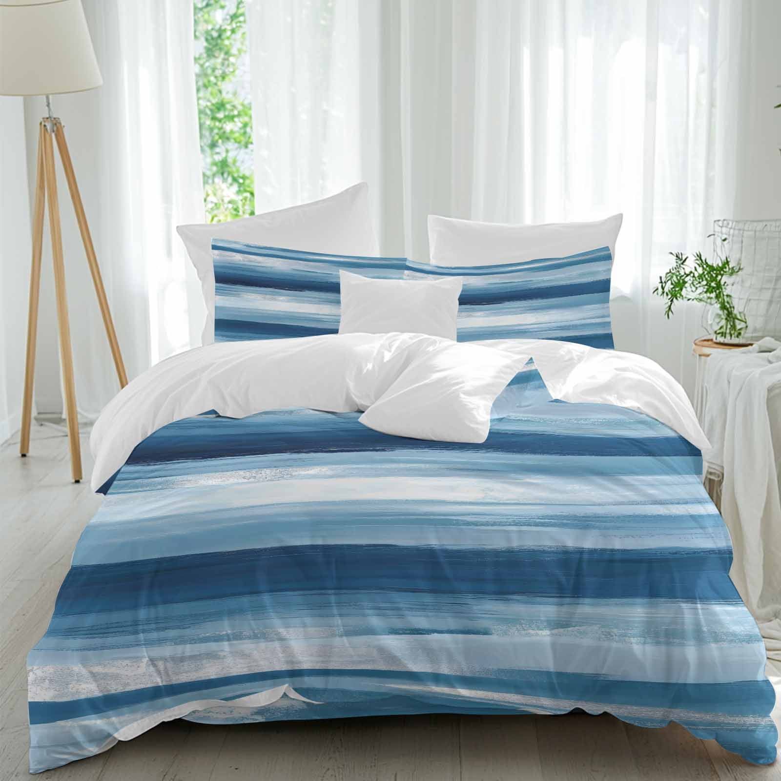 Blue Strip 4 Piece Duvet Cover Set Full Size Retro Watercolor Ripple ...
