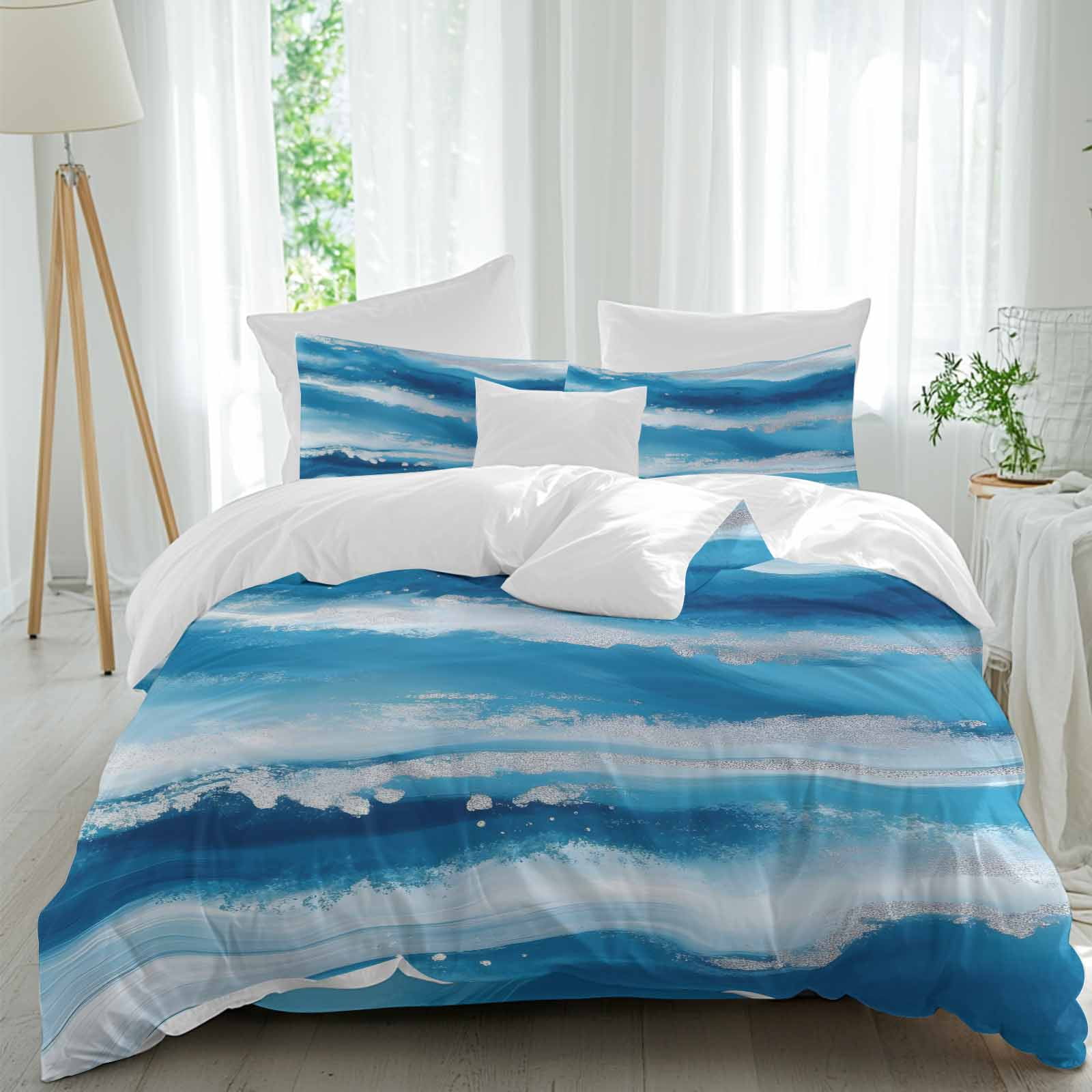 Blue Strip Abstract 4 Piece Duvet Cover Set Twin Size Retro Watercolor ...