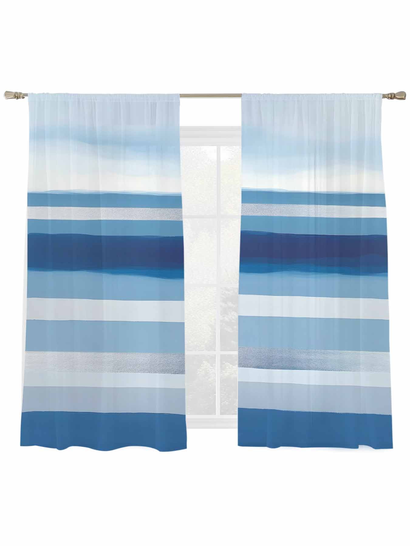 Blue Strip Sheer Curtains for Living Room Bedroom, Light-filtering ...