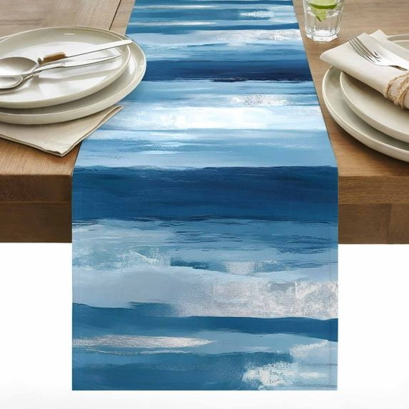 Blue Strip Table Runner 13x108 inch Retro Watercolor Ripple Cotton ...