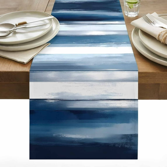 Blue Strip Table Runner 13x108 inch Watercolor Street Art Cotton Linen ...