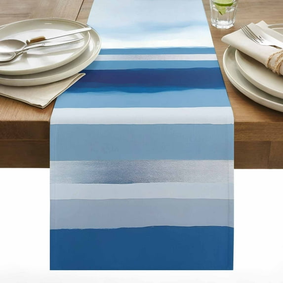 Blue Strip Table Runner 13x90 inch Watercolor Retro Ripple Cotton Linen ...