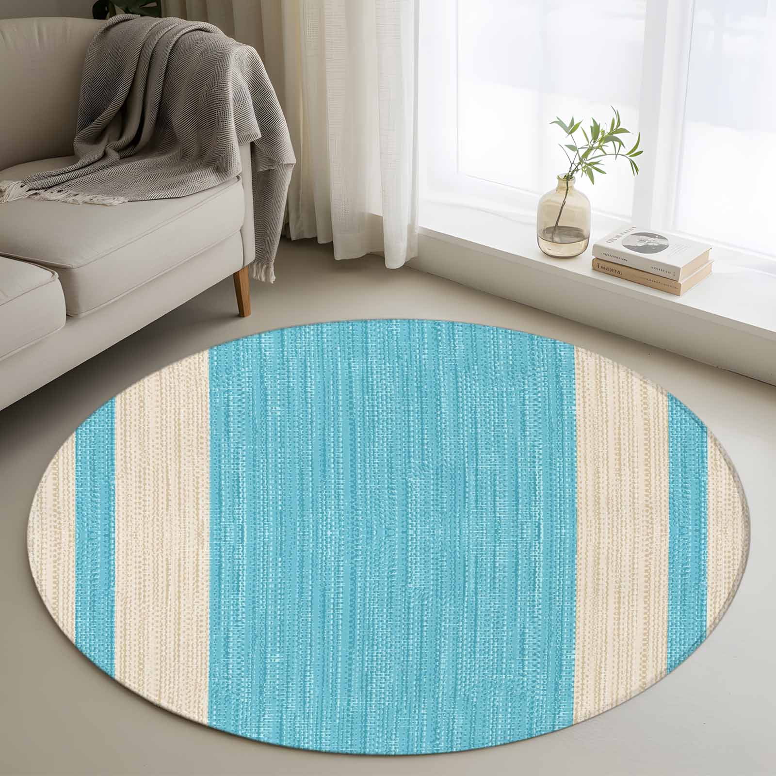 Blue Stripe 3FT Round Area Rug Modern Geometric Classic Linear Slub ...