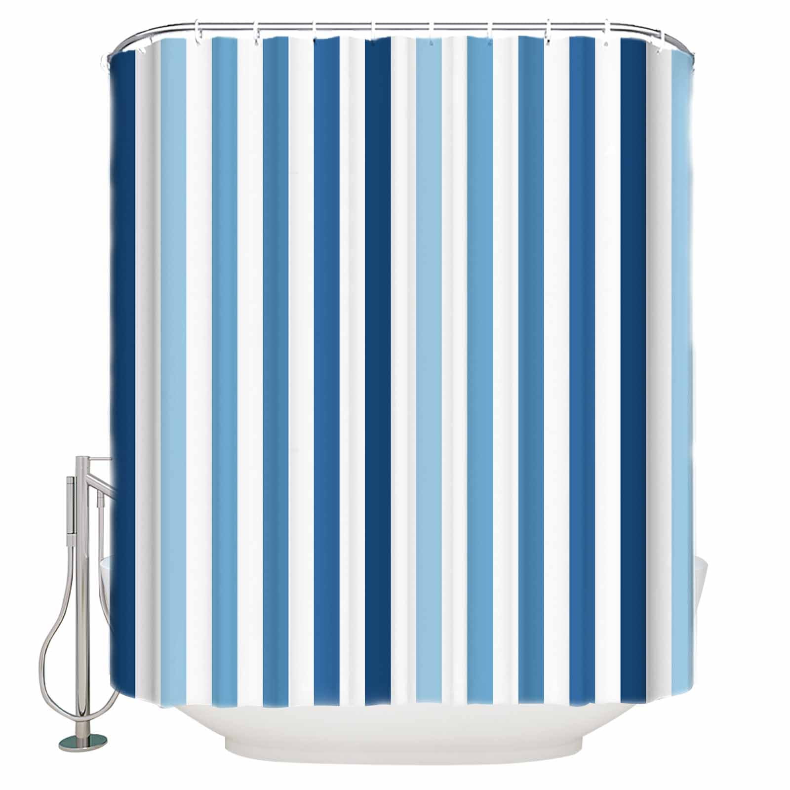 Blue Stripe Bathroom Shower Curtains with 12 Hooks Polyester Waterproof ...