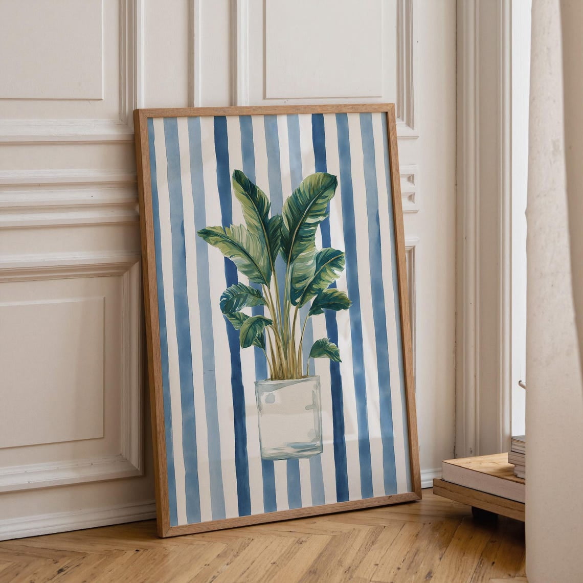 Blue Stripe Botanical Coastal Palm Tropical Beach House Decor Preppy ...