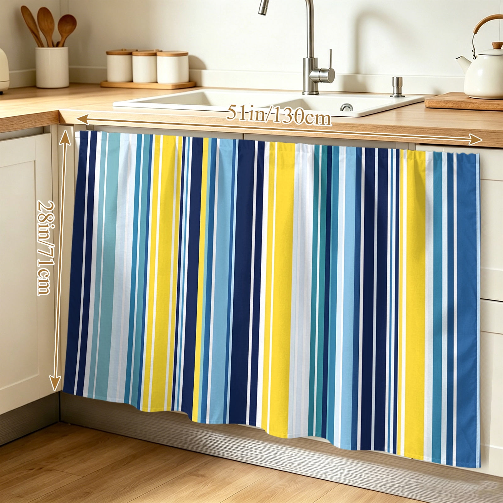 Blue Stripe Cabinet Curtain 28"W x 51"L, Yellow Colorful Striped Modern ...
