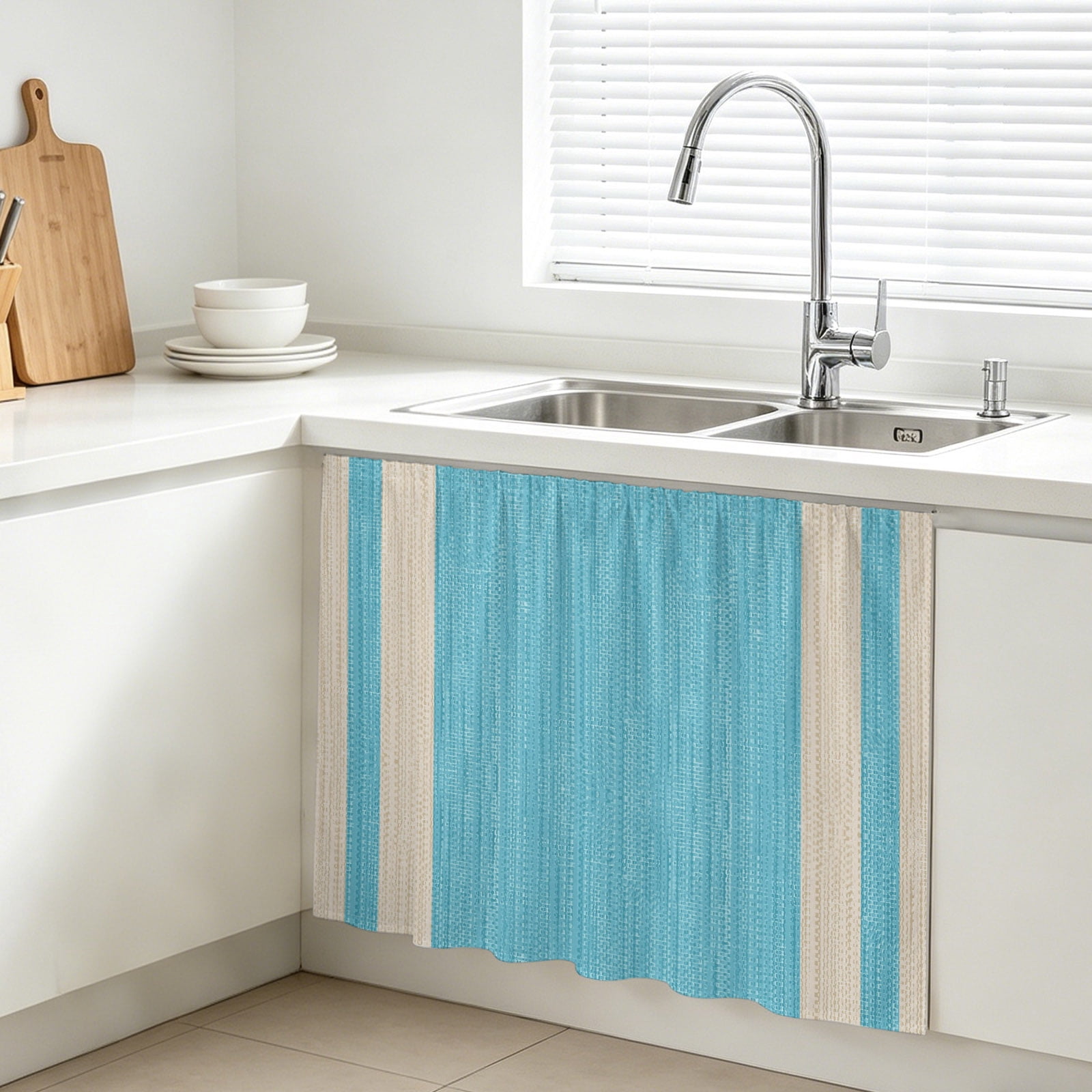 Blue Stripe Cabinet Curtain, Modern Geometric Classic Linear Slub ...