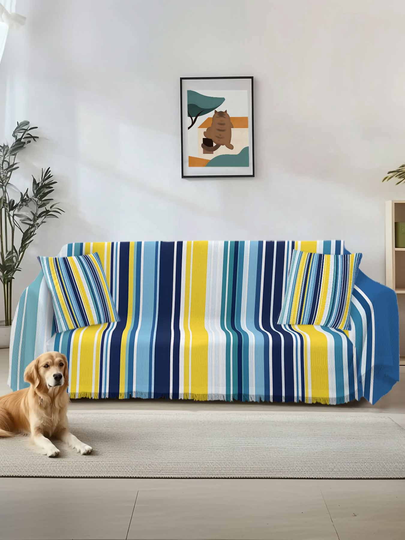 Blue Stripe Couch Cover for 2 Cushion Sofa, Yellow Colorful Striped ...