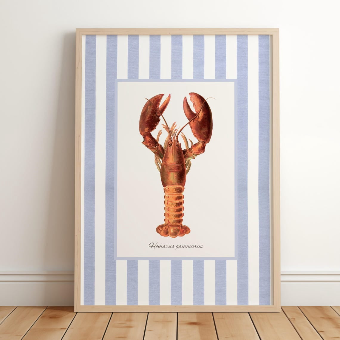 Blue Stripe Lobster Grandmillennial Coastal Wall Art Unframed Paper ...