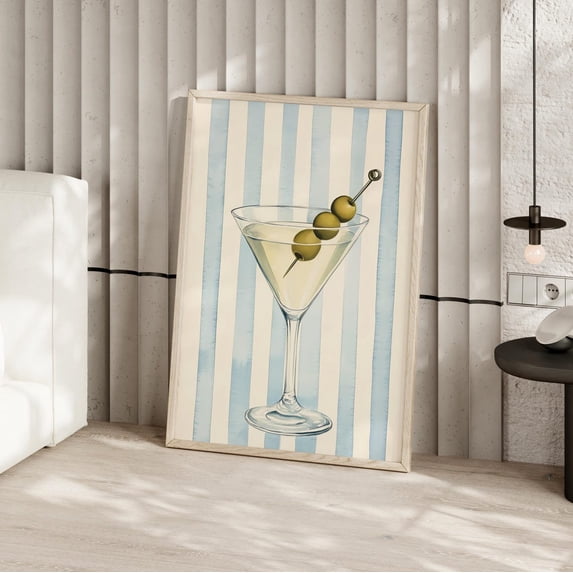 Blue Stripe Martini Wall Art, Vintage Bar Cart Cocktail Decor, Unframed ...
