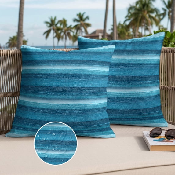 Blue Stripe Outdoor Waterproof Throw Pillow Covers Set of 2, 16"x16 ...