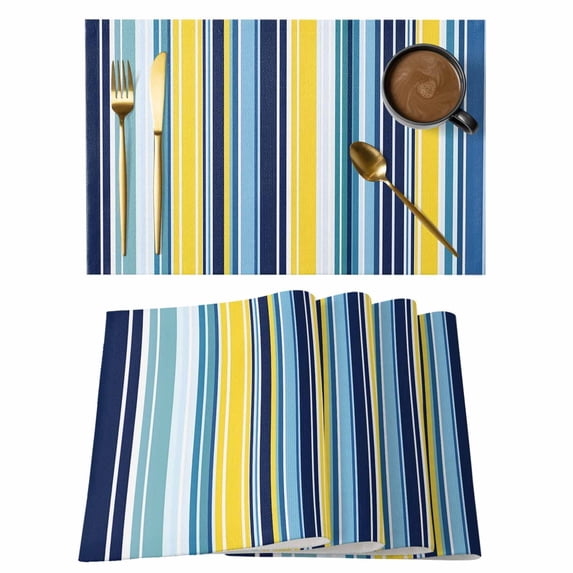 Blue Stripe Placemats Set of 2, Cotton Linen Fabric Place Mats, Yellow ...